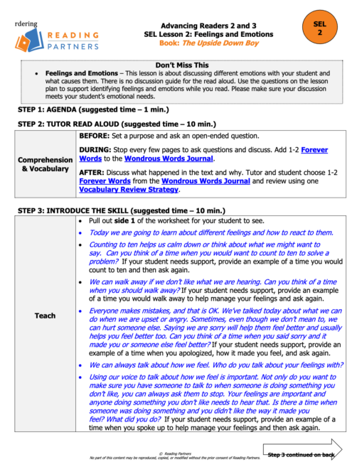 Sample Social Emotional Learning (SEL) Lesson Plans | Reading Partners ...