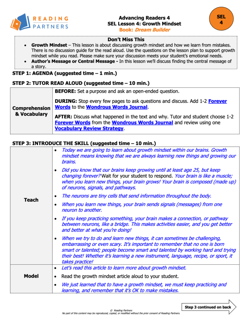 Sample Social Emotional Learning (SEL) Lesson Plans | Reading Partners ...