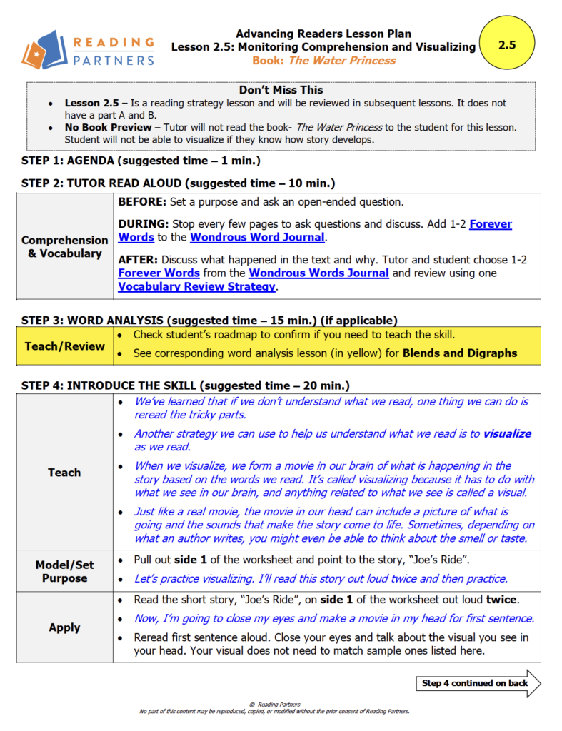 Sample Advancing Readers Lesson Plans | Reading Partners Volunteer Hub