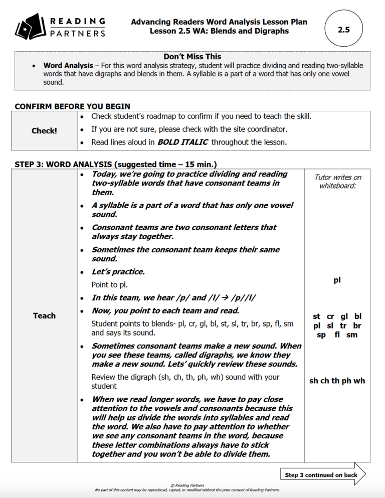 Sample Advancing Readers Lesson Plans | Reading Partners Volunteer Hub