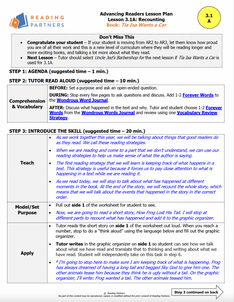 Sample Advancing Readers Lesson Plans | Reading Partners Volunteer Hub