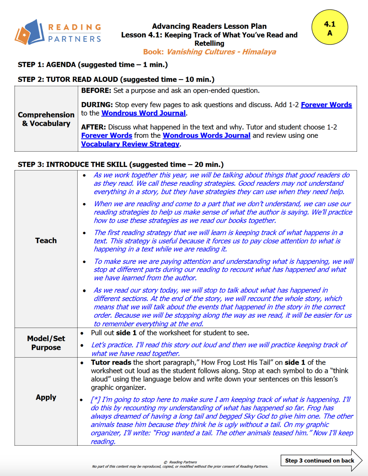 Sample Advancing Readers Lesson Plans | Reading Partners Volunteer Hub