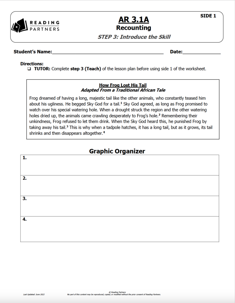 Sample Advancing Readers Lesson Plans | Reading Partners Volunteer Hub