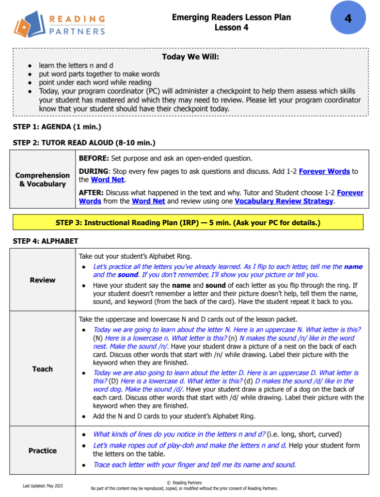 Sample Emerging Readers Lesson Plans | Reading Partners Volunteer Hub
