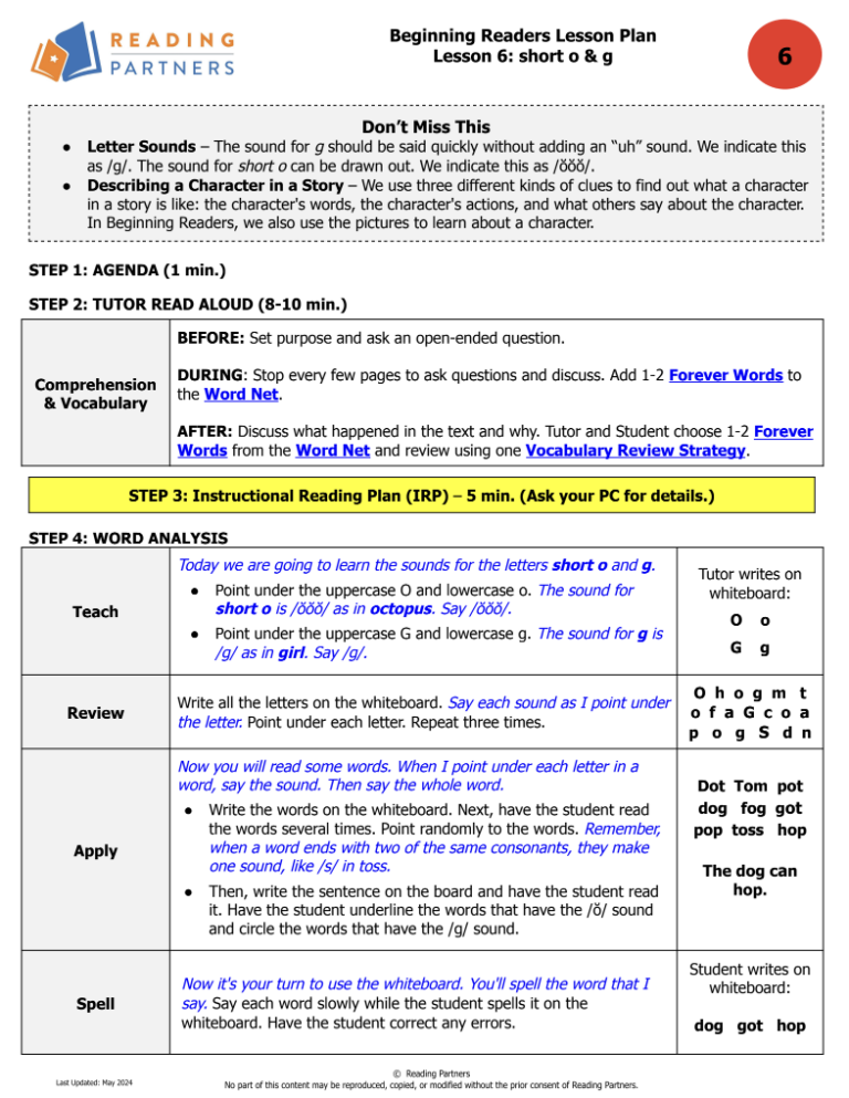 Sample Beginning Readers Lesson Plans | Reading Partners Volunteer Hub