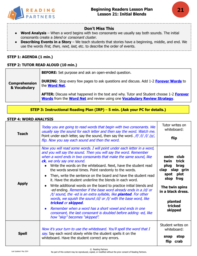 Sample Beginning Readers Lesson Plans | Reading Partners Volunteer Hub