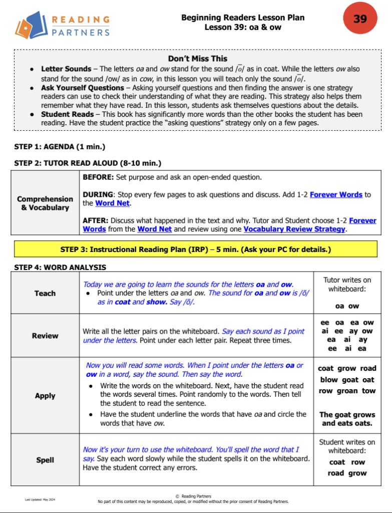 Sample Beginning Readers Lesson Plans | Reading Partners Volunteer Hub